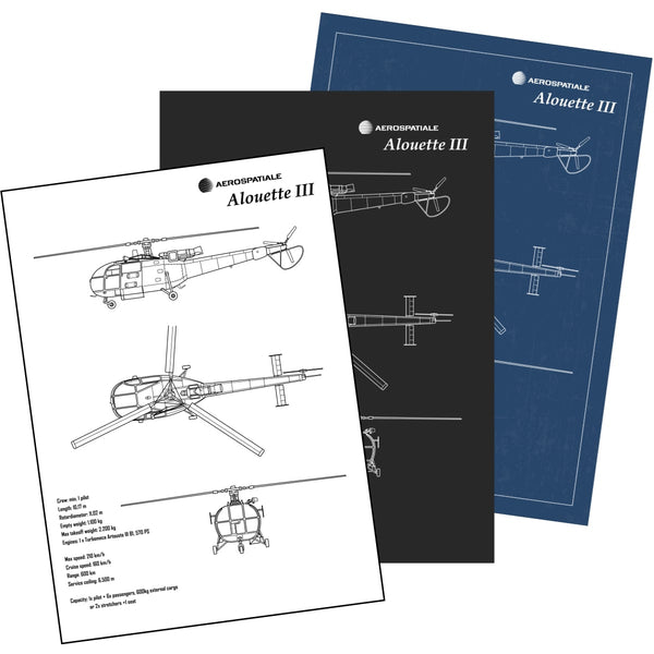 Aerospatiale Alouette III Helicopter Blueprint Poster | Aviation Design ...