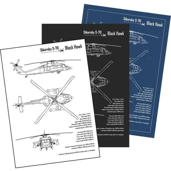 Sikorsky Black Hawk Helicopter Blueprint Poster | Aviation Design for ...