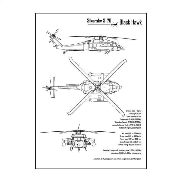 Sikorsky Black Hawk Hubschrauber Blueprint Poster | Luftfahrt Design ...