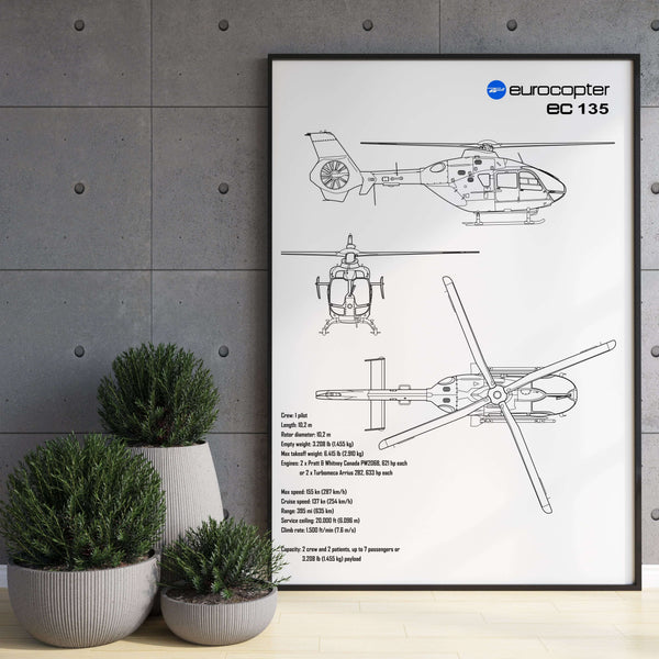 Helicopter Poster | Eurocopter EC 135 blueprint poster | high quality ...